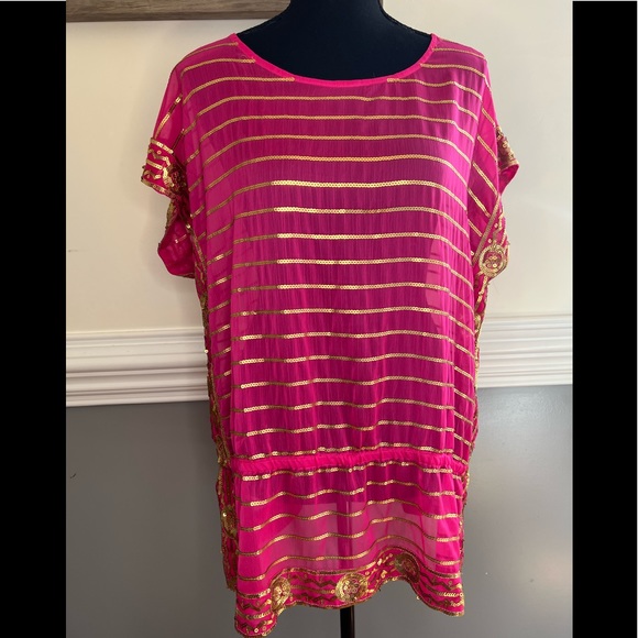 Chico's | Tops | Chicos Splendor Lina Summer Berry Pink Sheer Top Gold ...